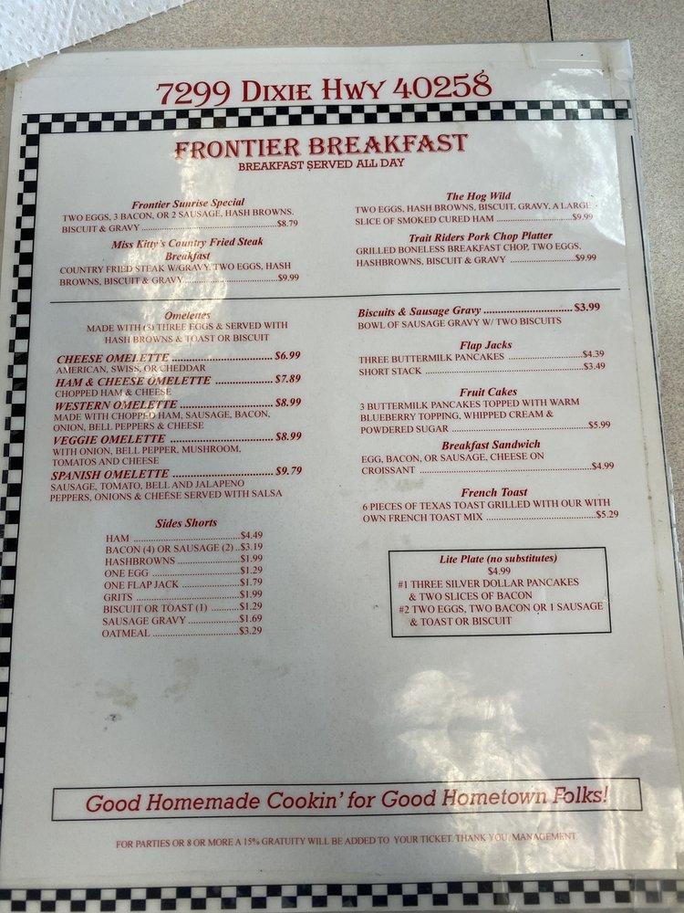 Menu at Frontier Cafe, Louisville
