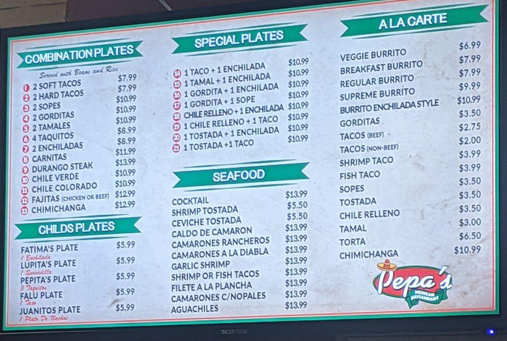Menu at Pepa's Méxican Restaurant, Fresno