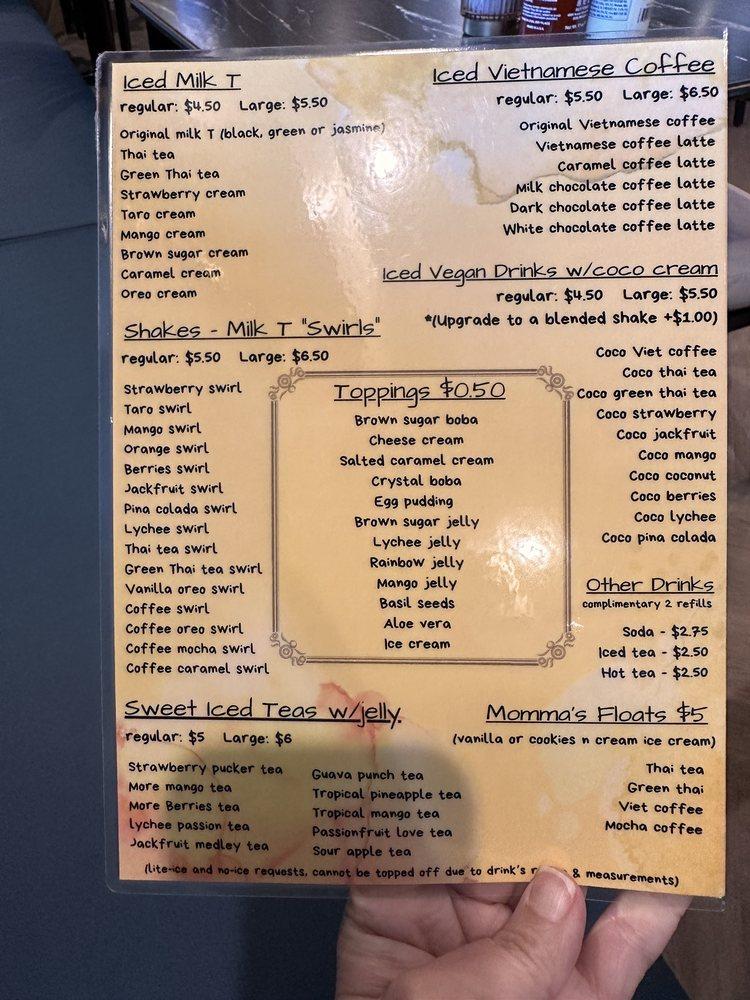 Menu at Pho Momma restaurant, Sacramento