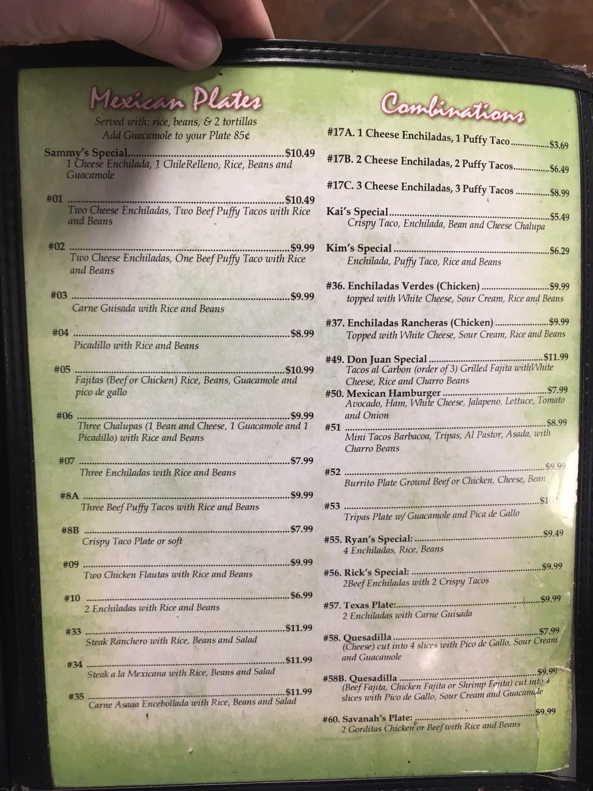Menu at Sammy's Mexican Restaurant, La Vernia