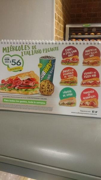 Menu at Subway restaurant, Mexico City, Benito Juárez 117-L J1