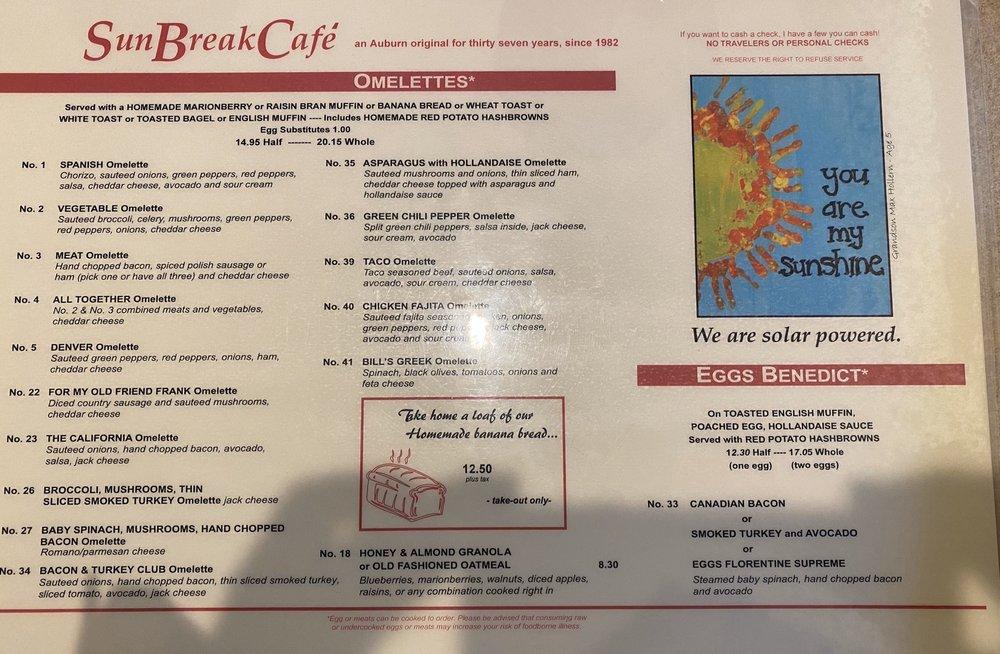 Menu at Sun Break Cafe, Auburn