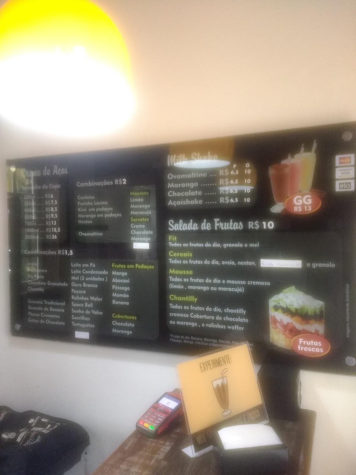 Menu at Açaí Brasil Artesanal restaurant, Ouro Preto, R. Paraná