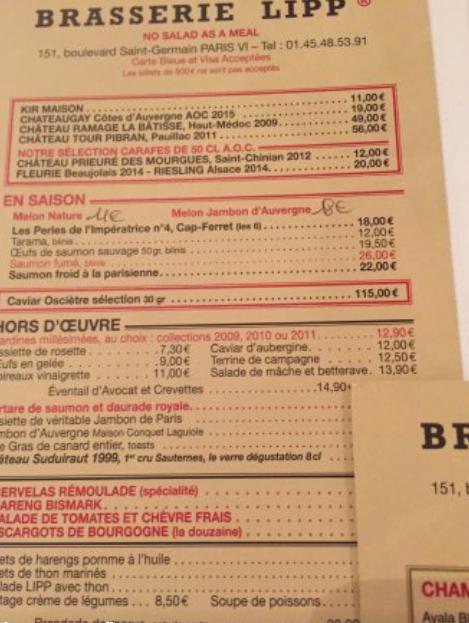 Menu au Brasserie Lipp restaurant, Paris, 151 Boulevard Saint-Germain
