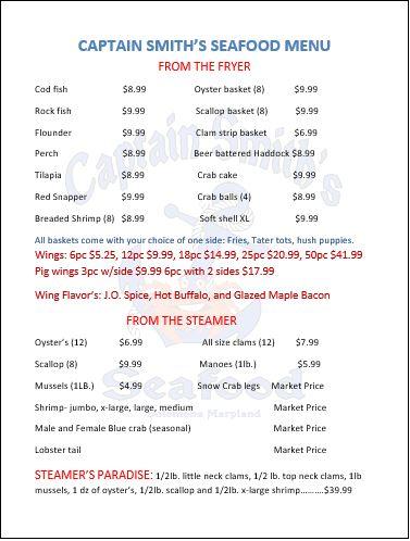 Menu at Captain Smith's Seafood restaurant, Solomons