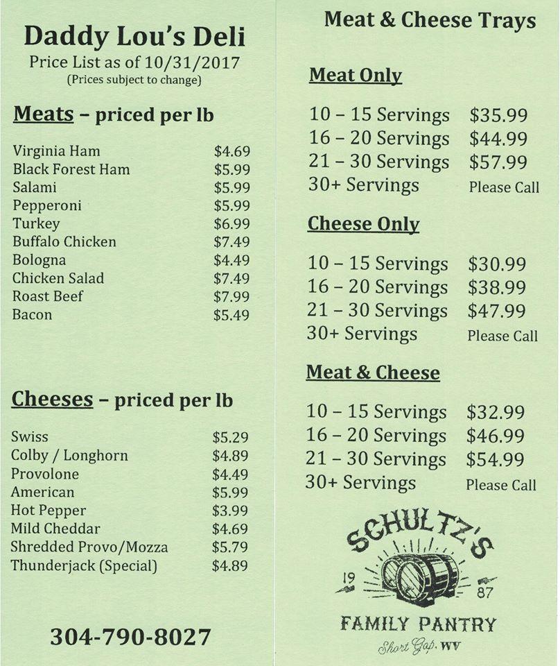 Menu at Daddy Lou's Pub & Pantry, Short Gap