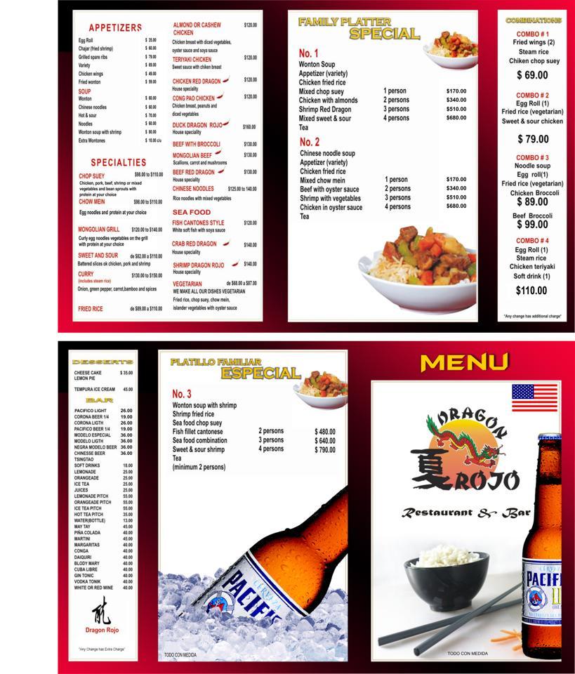 Menu at Dragon Rojo restaurant, Mexico
