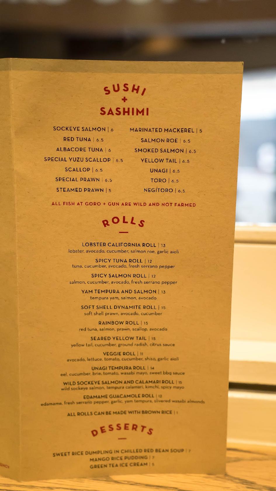 Menu at Goro + Gun restaurant, Calgary