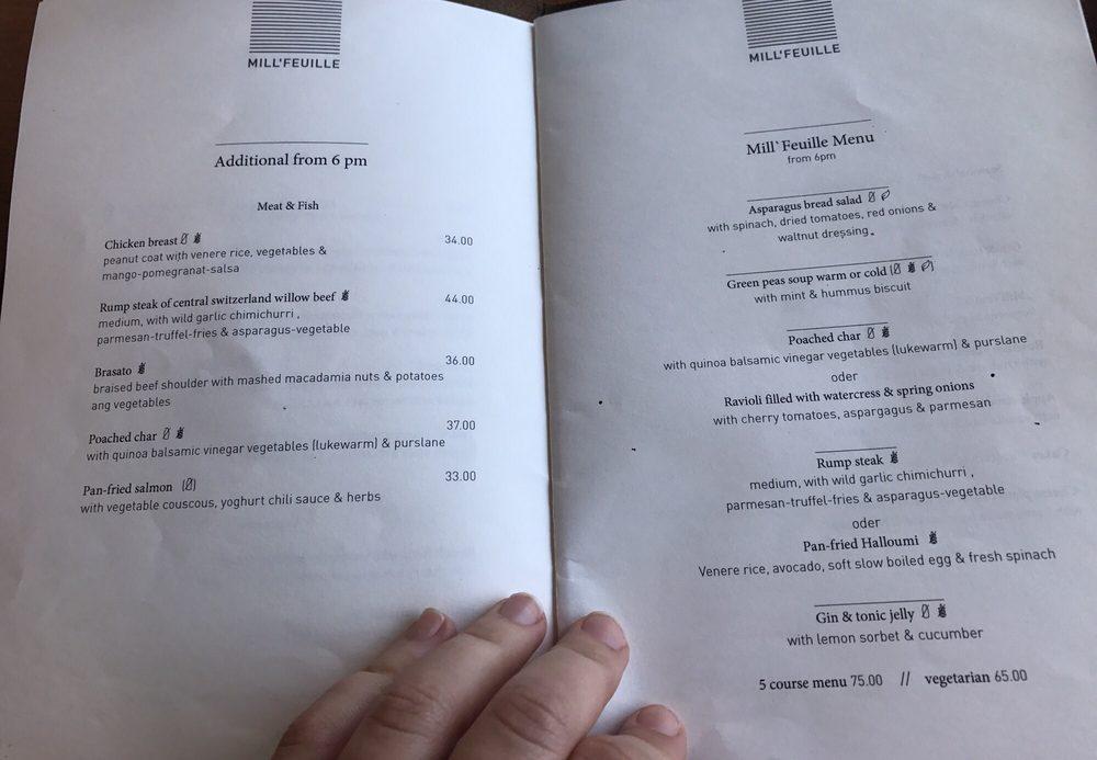 Menu at Mill'Feuille, Lucerne