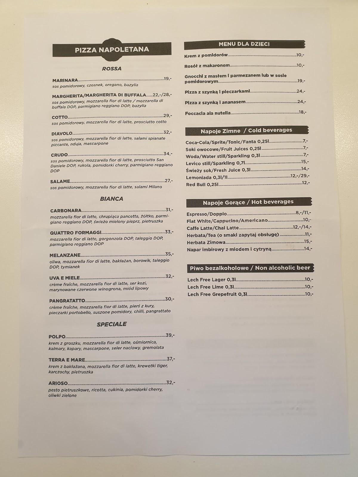 Carta del restaurante Polpo, Varsovia