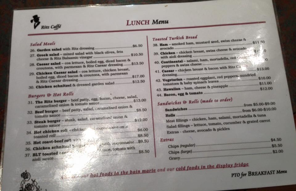 Menu at Ritz Caffe restaurant, Midland