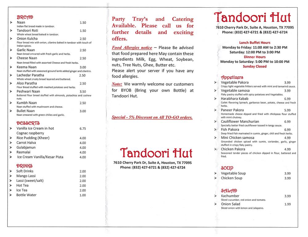 Menu at Tandoori Hut Indian Restaurant, Houston, Cherry Park Dr Suite A