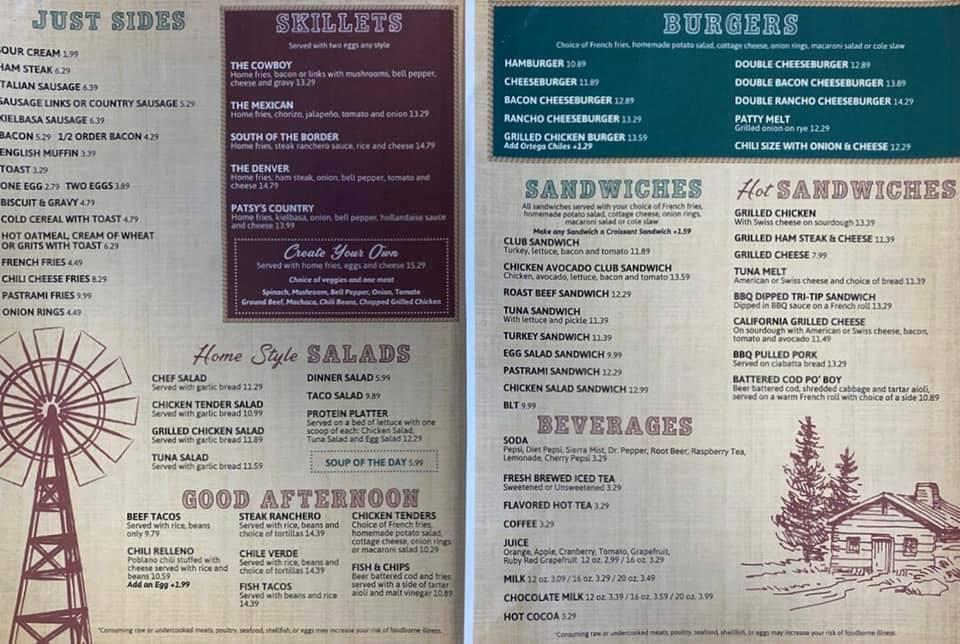 Menu at Patsy's Country Kitchen restaurant, Banning
