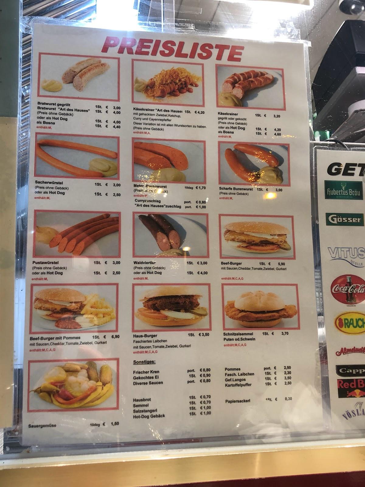 Speisekarte von Würstelstand am Südtiroler Platz BBQ, Wien, Wiedner ...