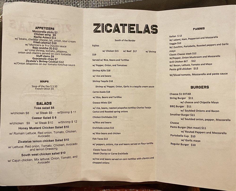 Menu at Zicatela's Bar and Restaurant, Saugerties