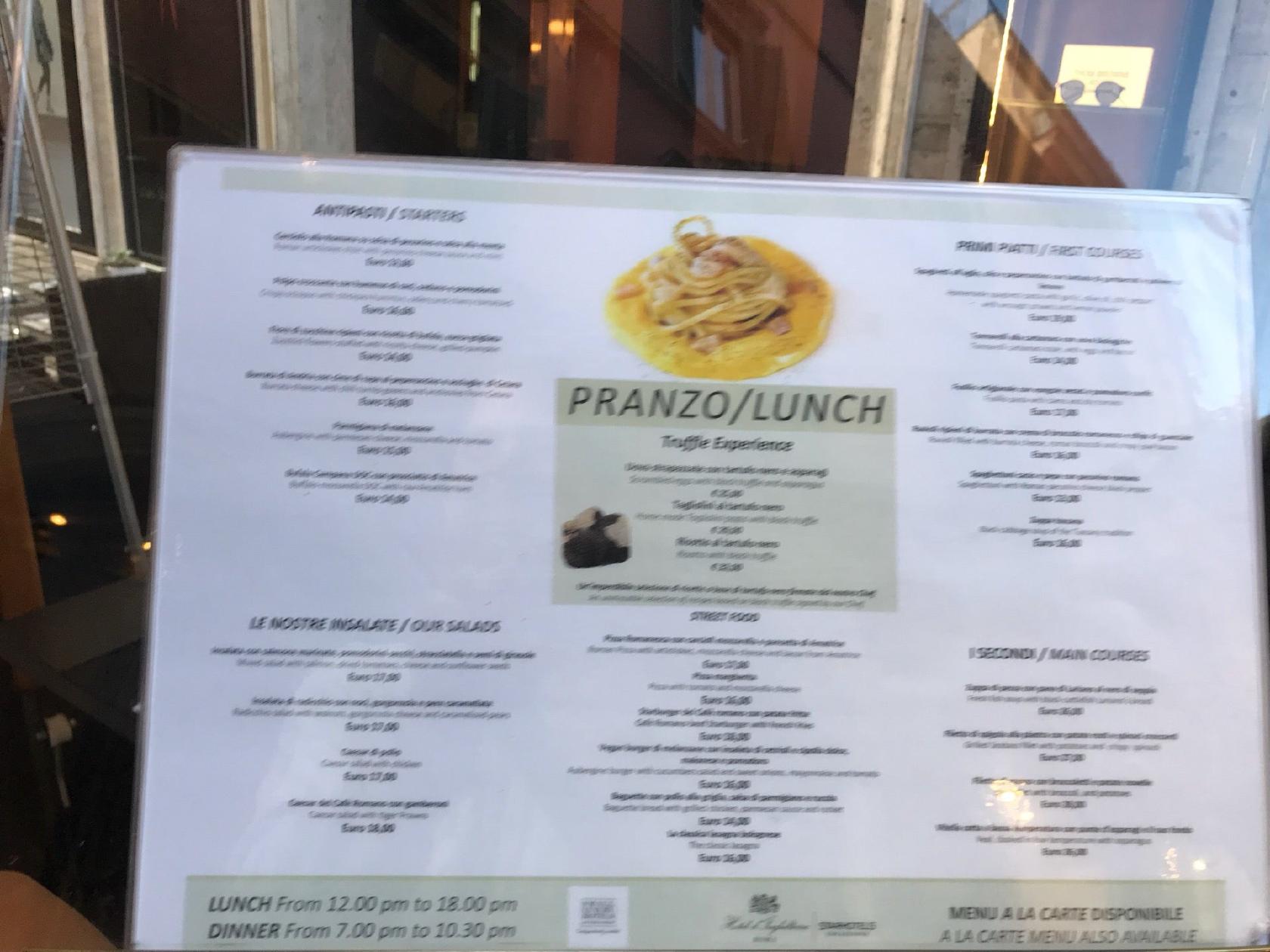 Menu at Café Romano cafe, Rome