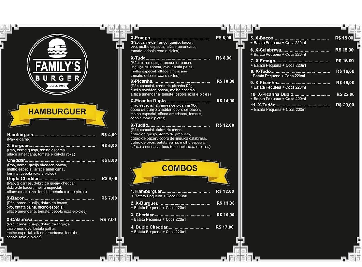 Carta del restaurante Family's Burger, Nova Iguaçu