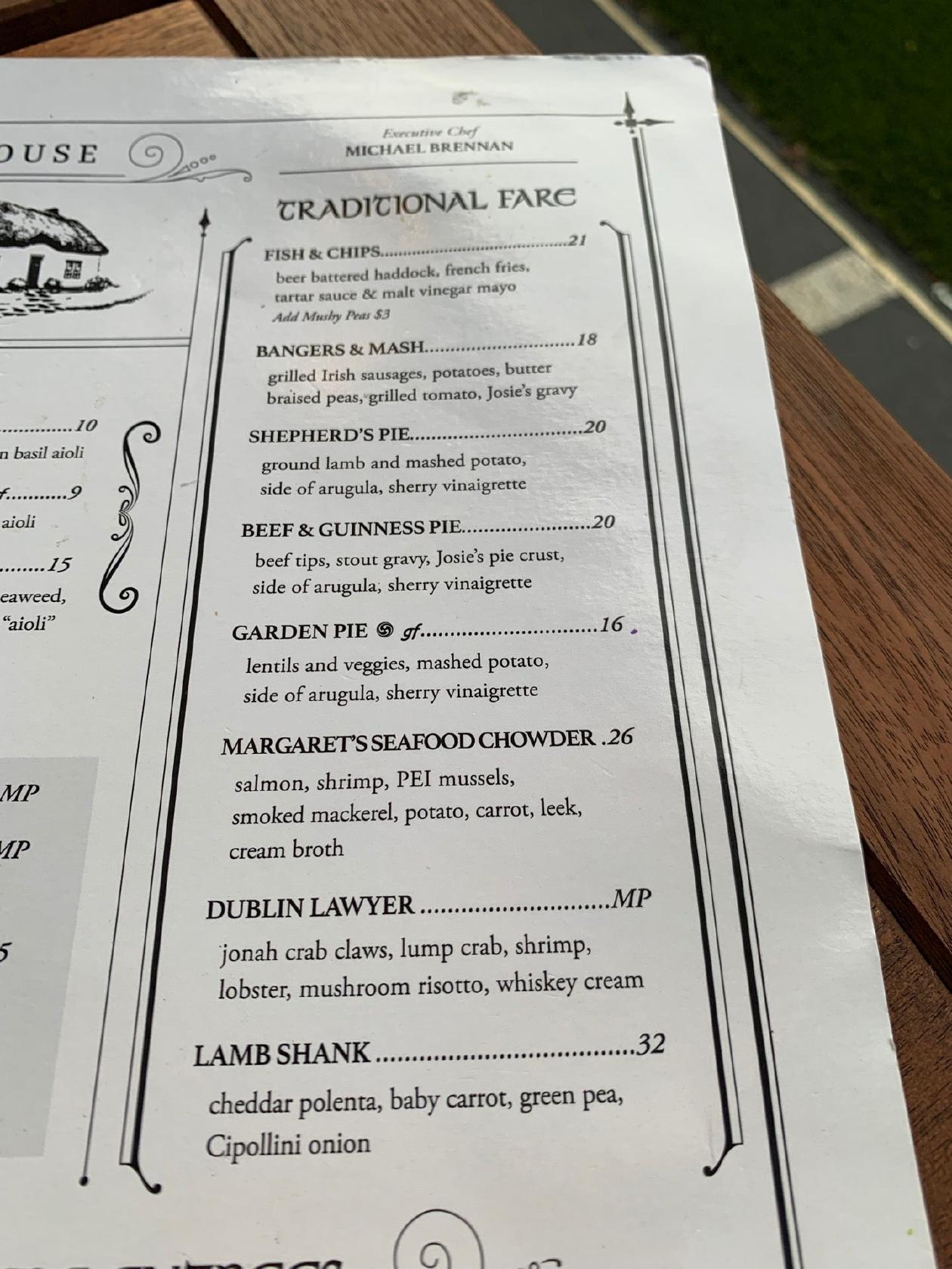 Menu at Josie Kelly's Public House, Somers Point