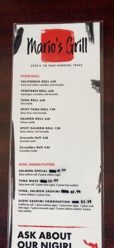 Menu at Mario's Cafe, Holly Lake Ranch