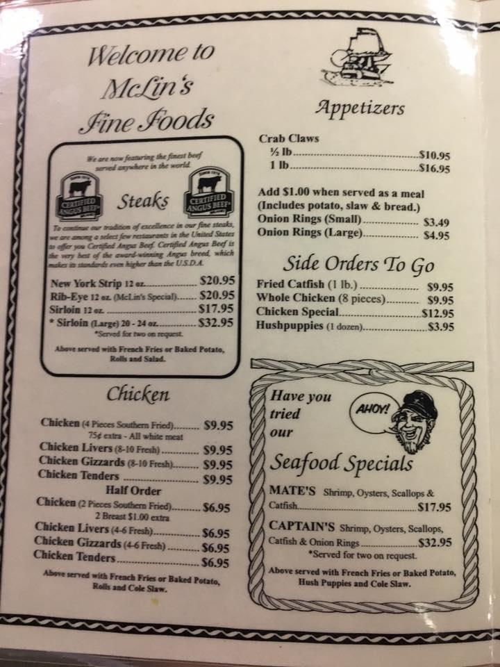 Menu at McLin's Restaurant, Daleville, 2 Old Newton Rd