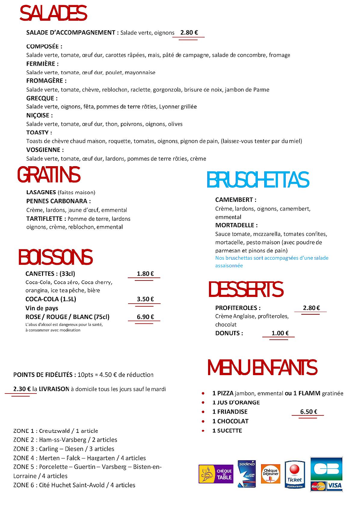 Menu au Pizzaïola restaurant, Creutzwald