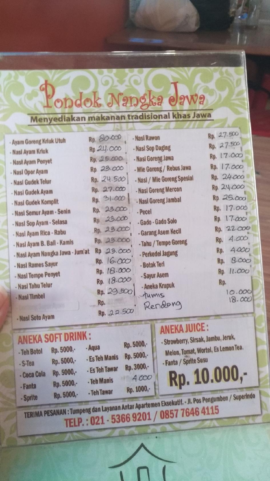Menu at Pondok Nangka Jawa restaurant, West Jakarta