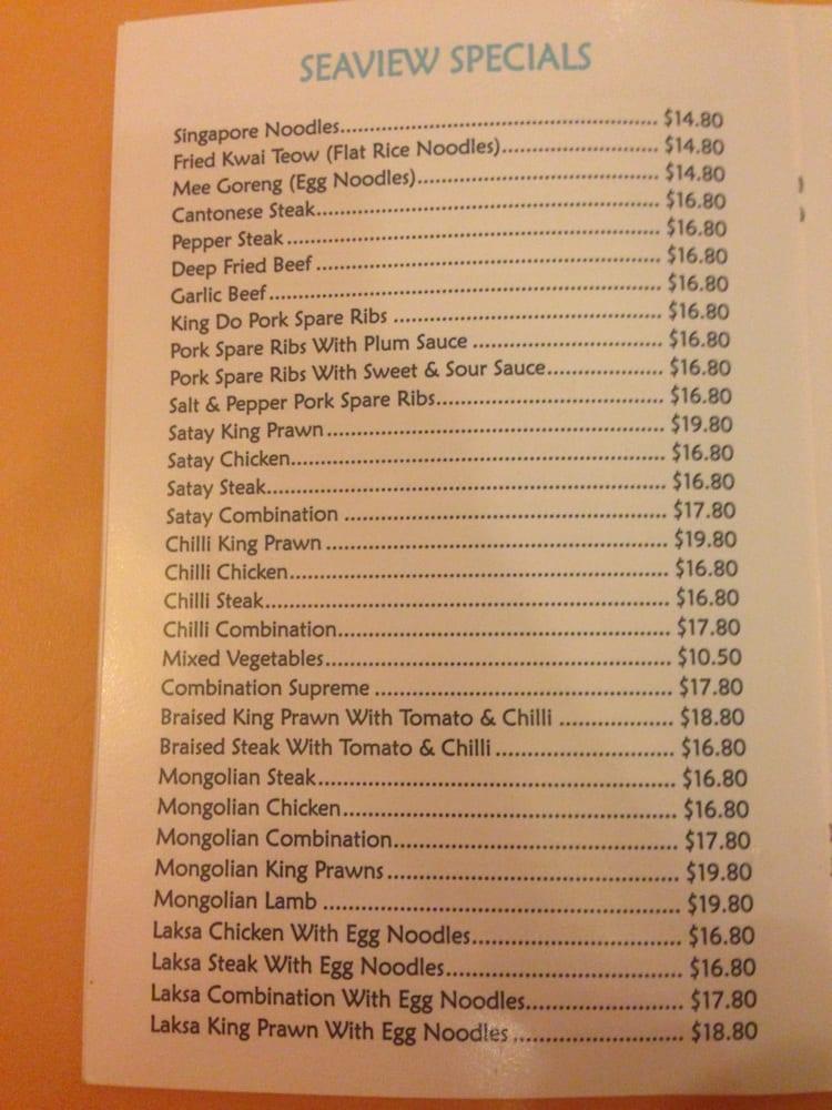 Menu at Seaview Malaysian restaurant, Redhead