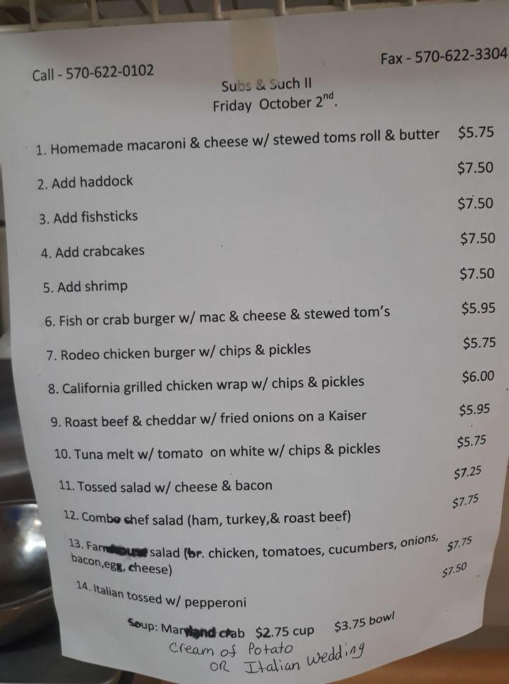 Menu at Subs N' Such restaurant, Pottsville