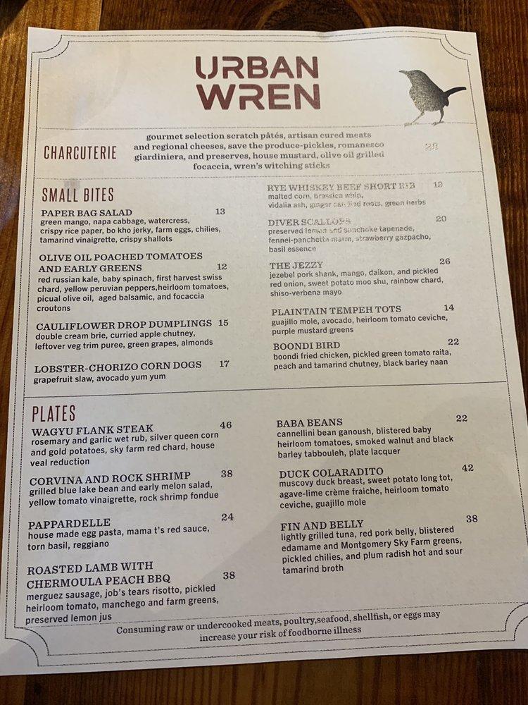Menu at Urban Wren restaurant, Greenville