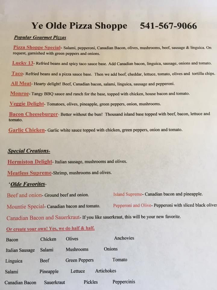 Menu at Ye Olde Pizza Shoppe pizzeria, Hermiston