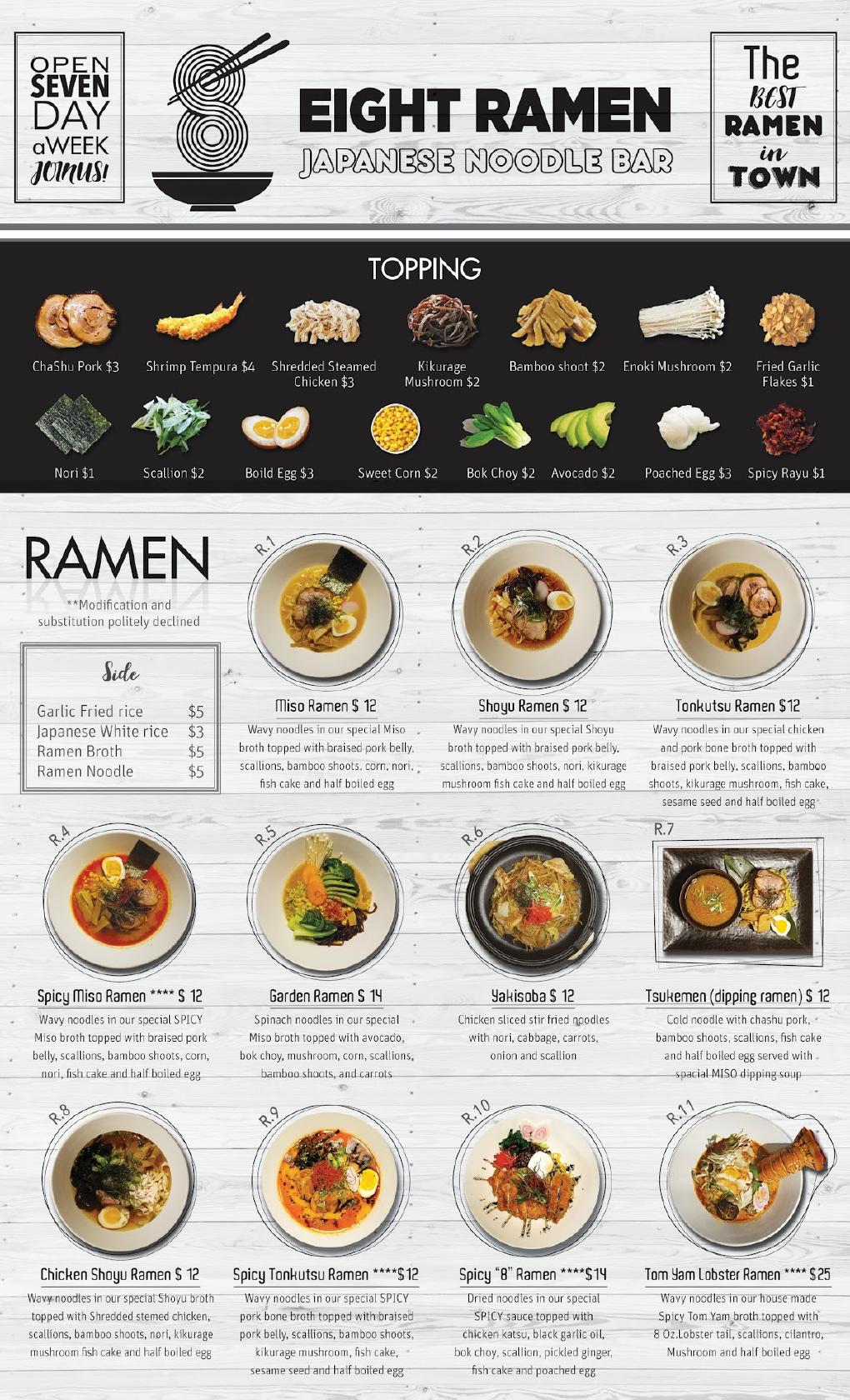 Menu at 8 RAMEN restaurant, Rockville Centre