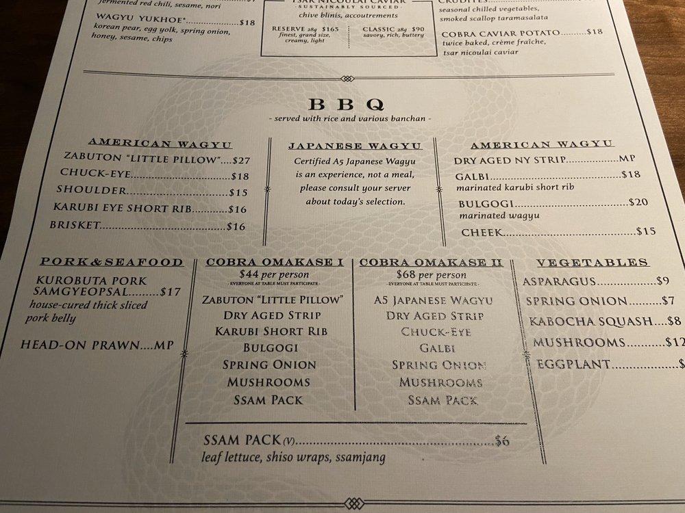 Menu at COBRA restaurant, Pittsburgh