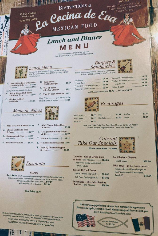 Menu at La Cocina De Eva restaurant, Snowflake, 201 Main St