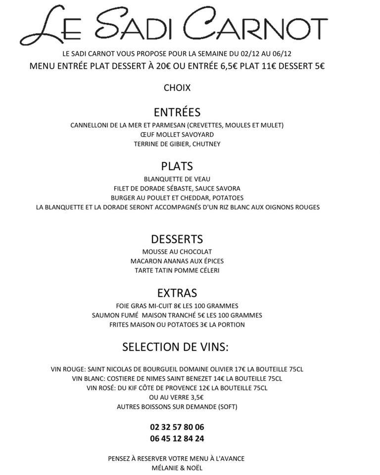 Menu at Le Sadi Carnot restaurant, Pont-Audemer
