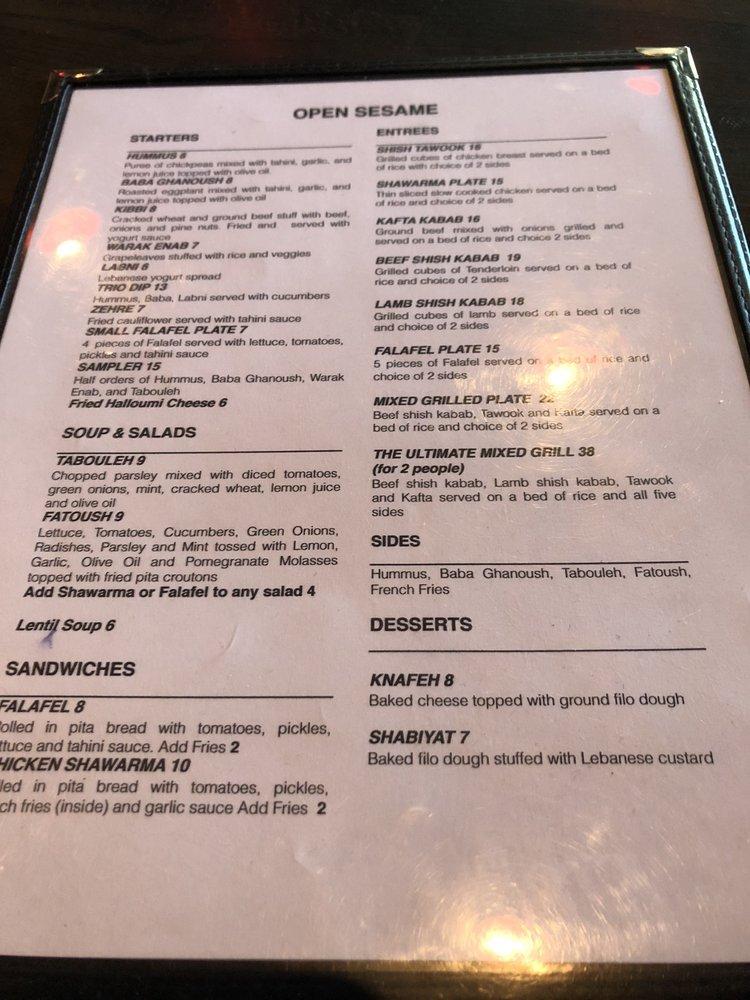 Menu at Open Sesame Lebanese Grill restaurant, Dallas