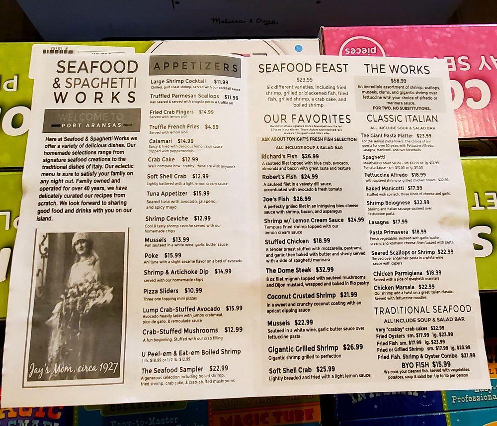 Menu at Seafood & Spaghetti Works restaurant, Port Aransas