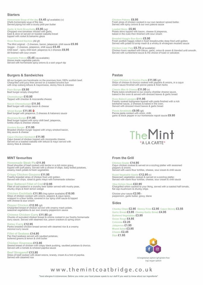 Menu at The Mint pub & bar, Coatbridge