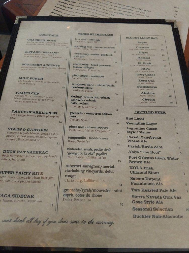 Menu at Atchafalaya restaurant, New Orleans, 901 Louisiana Ave