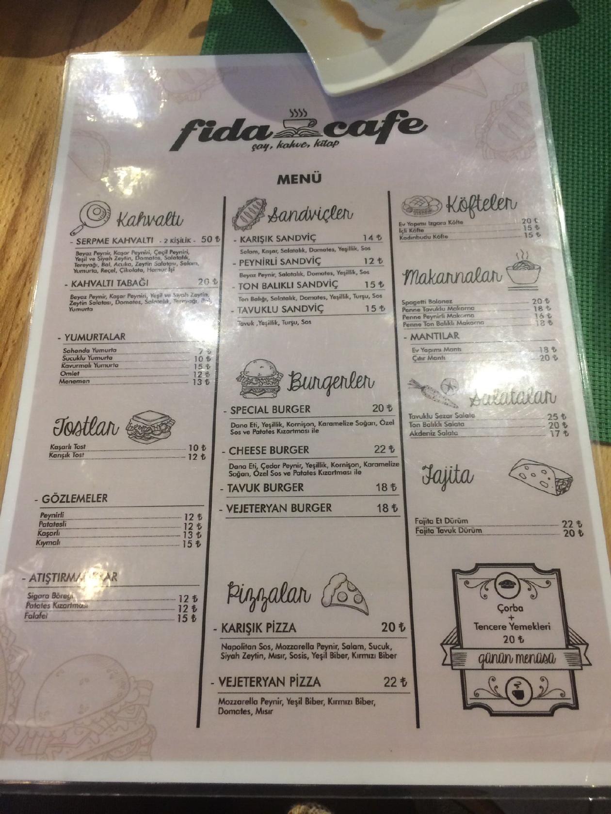 Menu at Fida Cafe, Istanbul