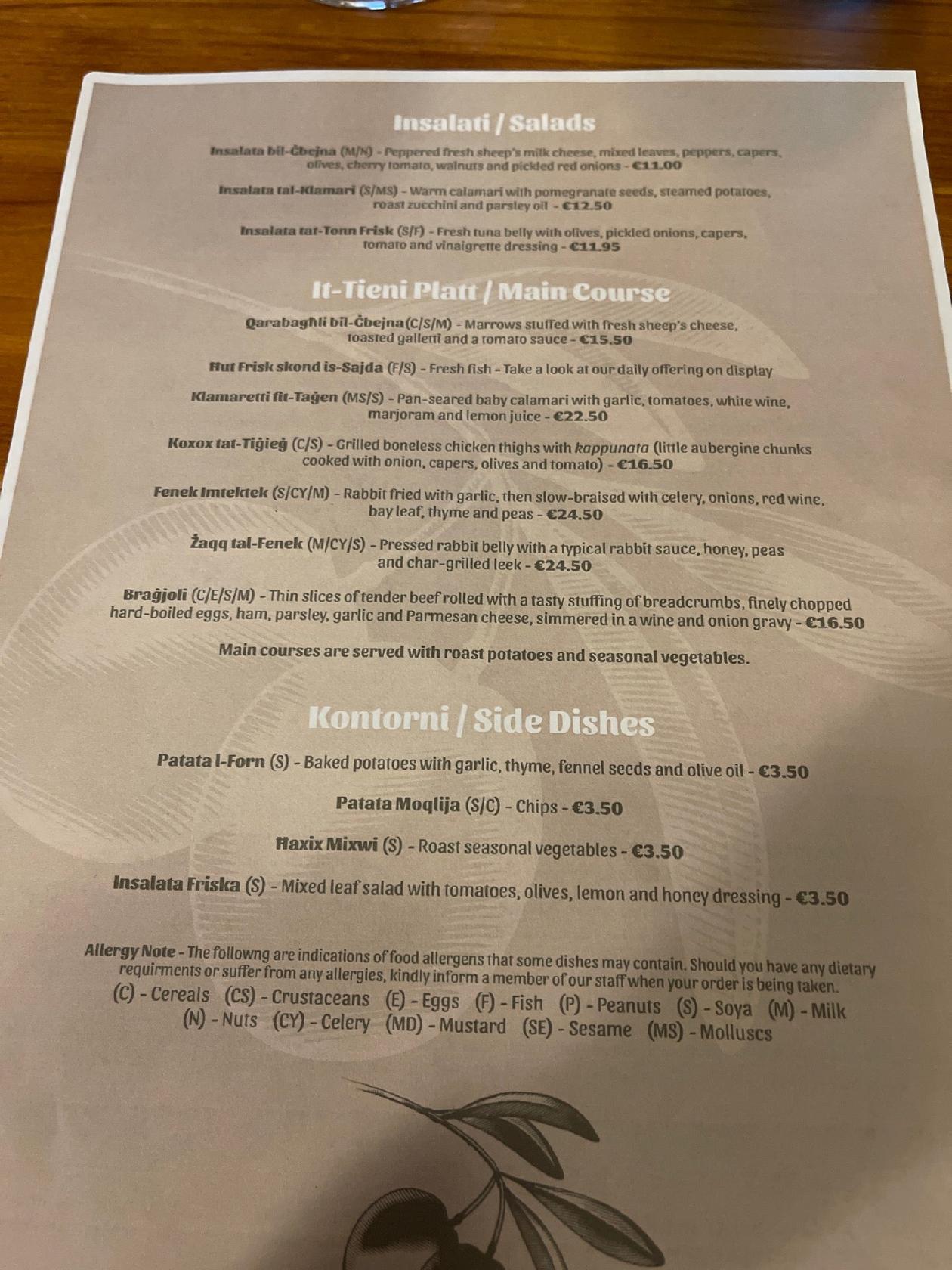 Menu at Gululu Restaurant, Saint Julian's