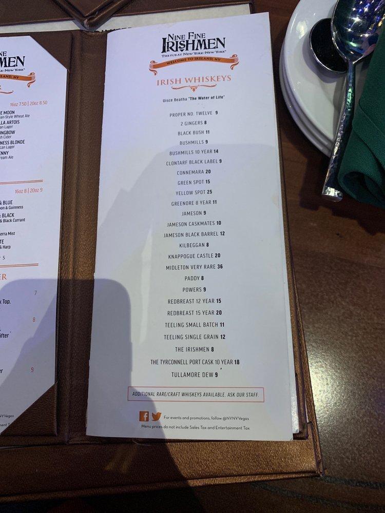 Menu at Nine Fine Irishmen pub & bar, Las Vegas, S Las Vegas Blvd