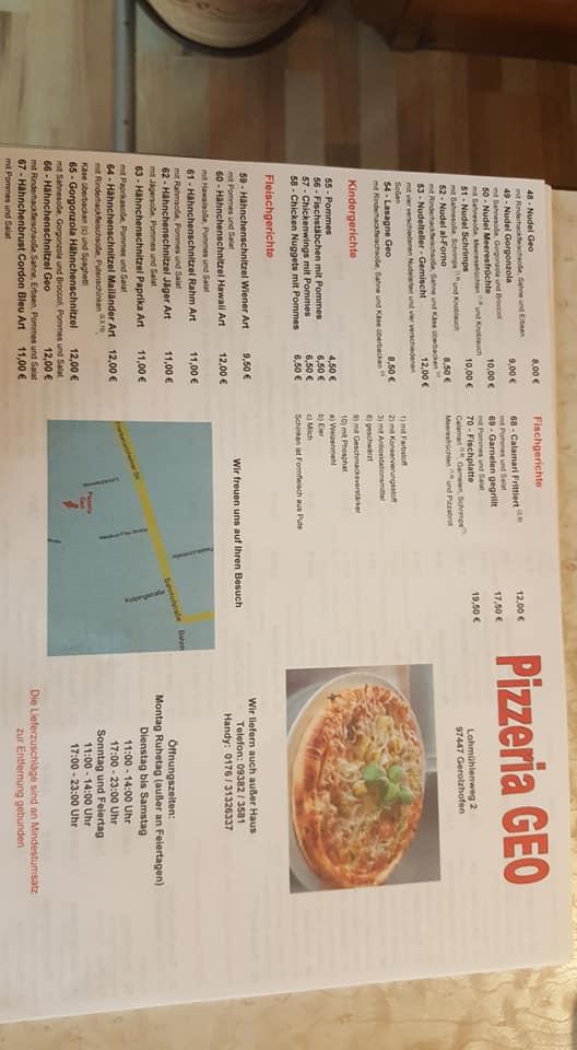 Speisekarte von Pizzeria Geo, Gerolzhofen