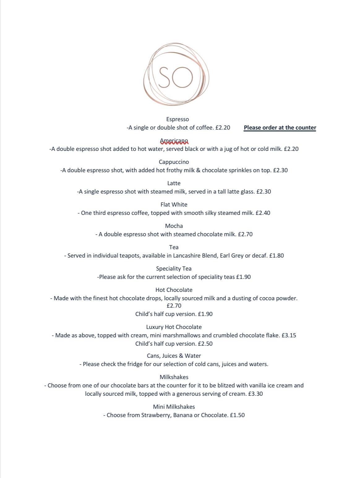 Menu at So Cafe Morecambe, Morecambe