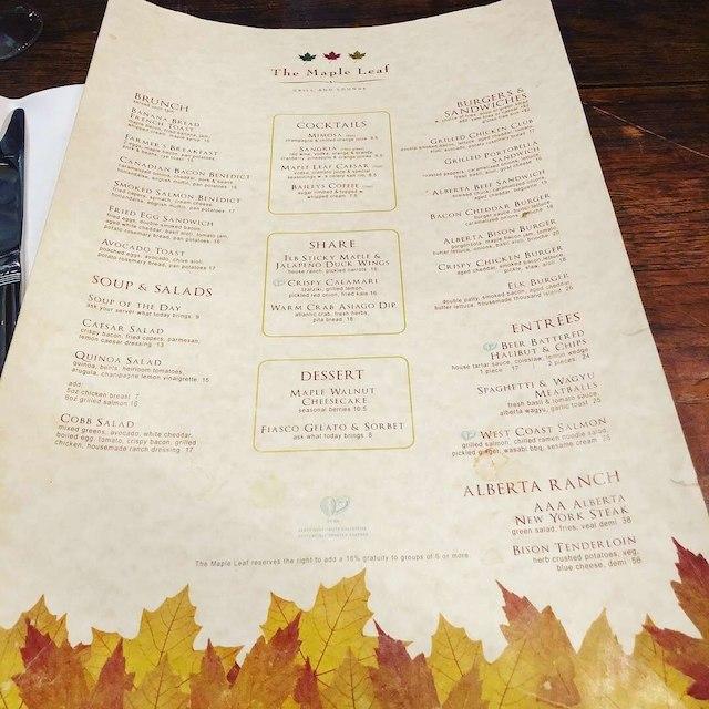 Menu at The Maple Leaf steakhouse, Banff, 137 Banff Ave