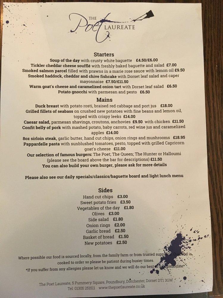 Menu at The Poet Laureate pub & bar, Dorchester