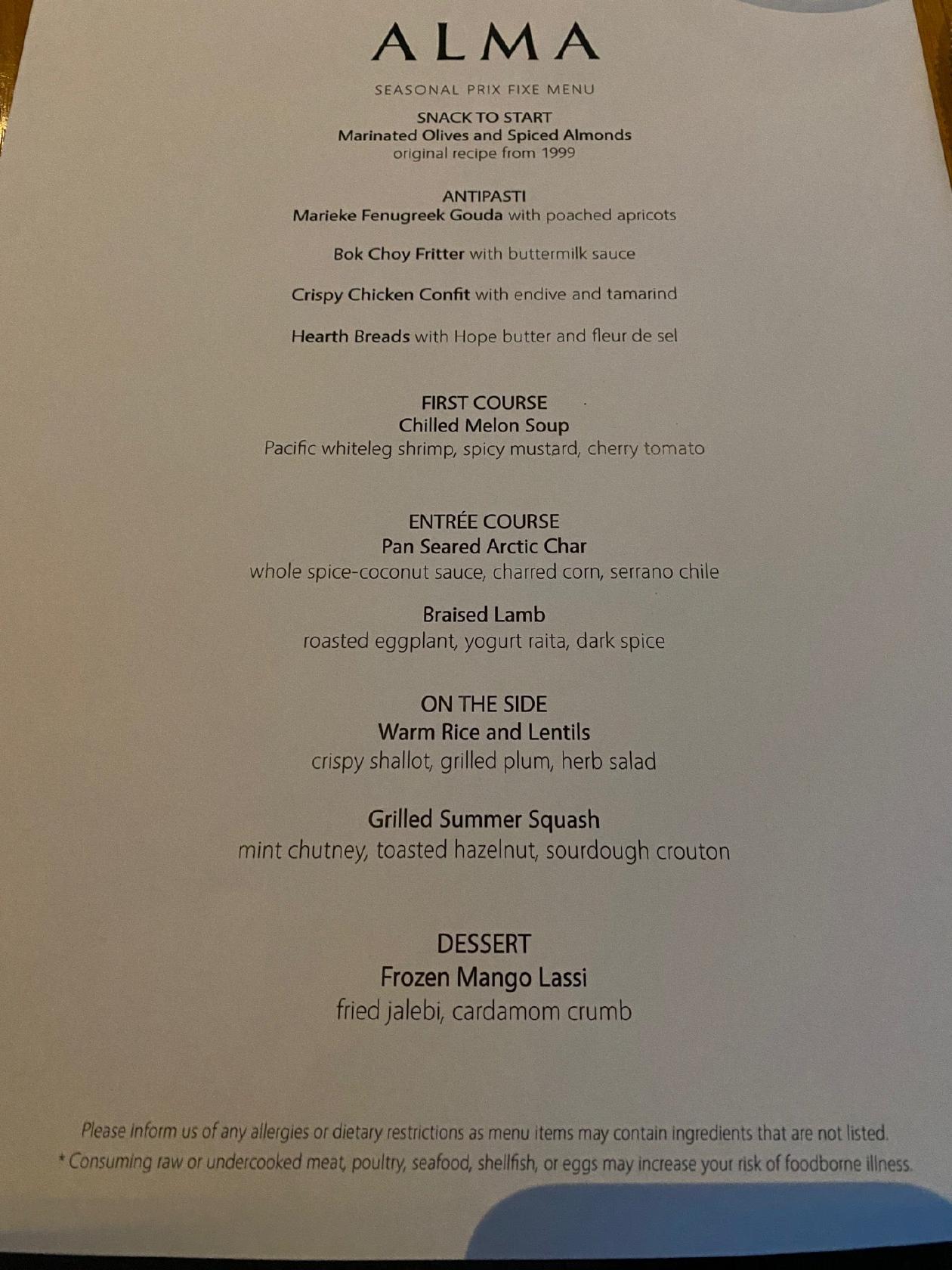 Menu at Alma cafe, Minneapolis, 528 University Ave SE