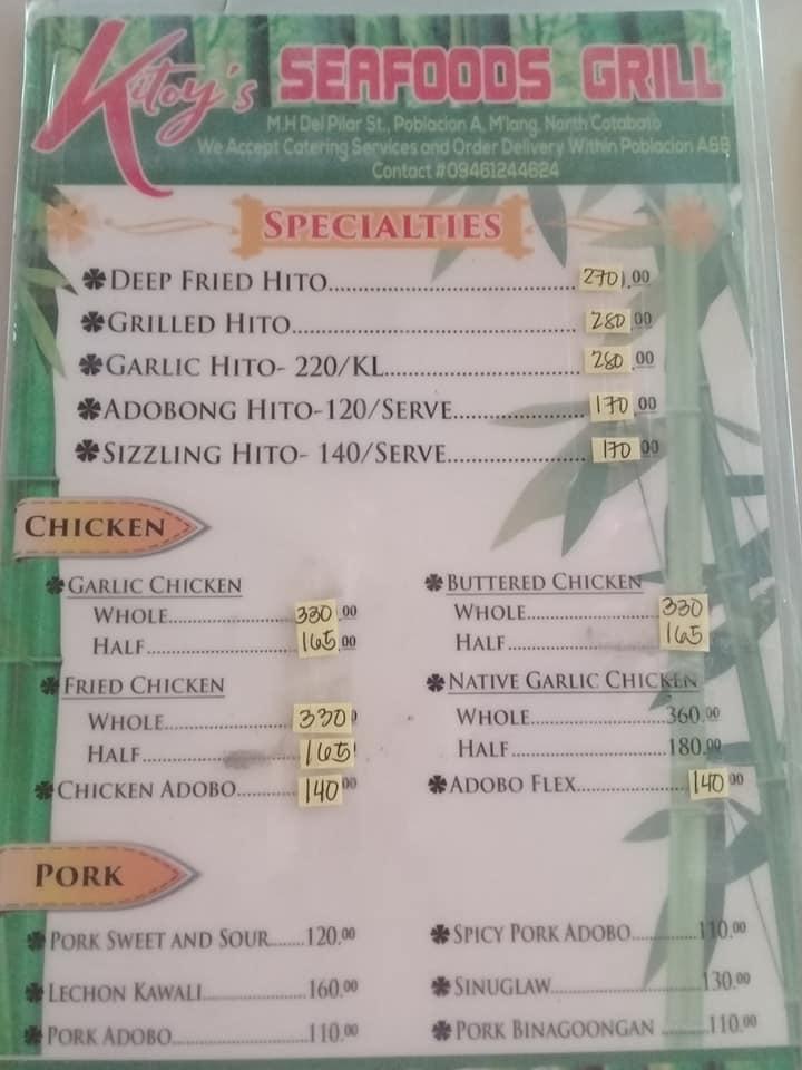 Menu at Kitoy's Seafood and Grill restaurant, M'lang