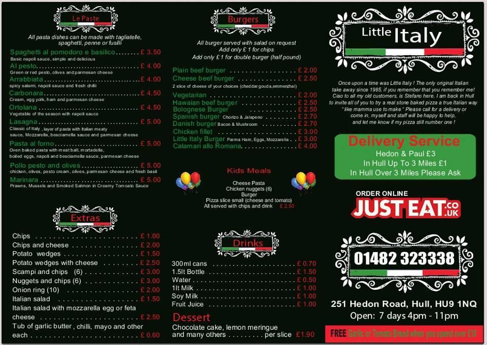 Menu at Little Italy By Stefano restaurant, Hull, 251 Hedon Rd