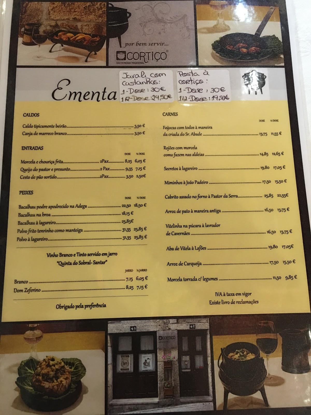 Menu em O Cortiço restaurante, Viseu