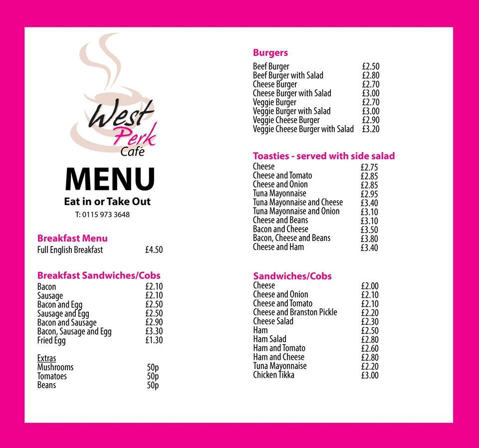 Menu at West Perk Cafe, Long Eaton